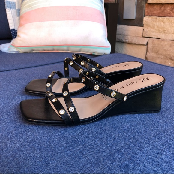 Anne Klein | Shoes | Anne Klein Flex Black Strappy Jewel Studded Wedge ...